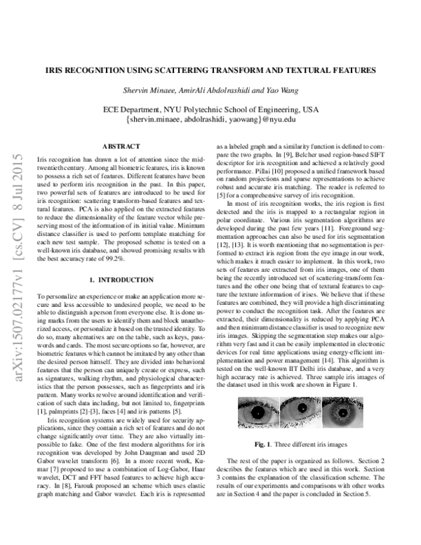 (PDF) IRIS RECOGNITION USING SCATTERING TRANSFORM AND TEXTURAL FEATURES