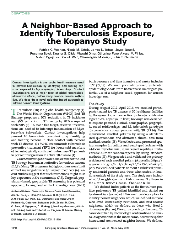 (PDF) A Neighbor-Based Approach to Identify Tuberculosis Exposure, the Kopanyo Study