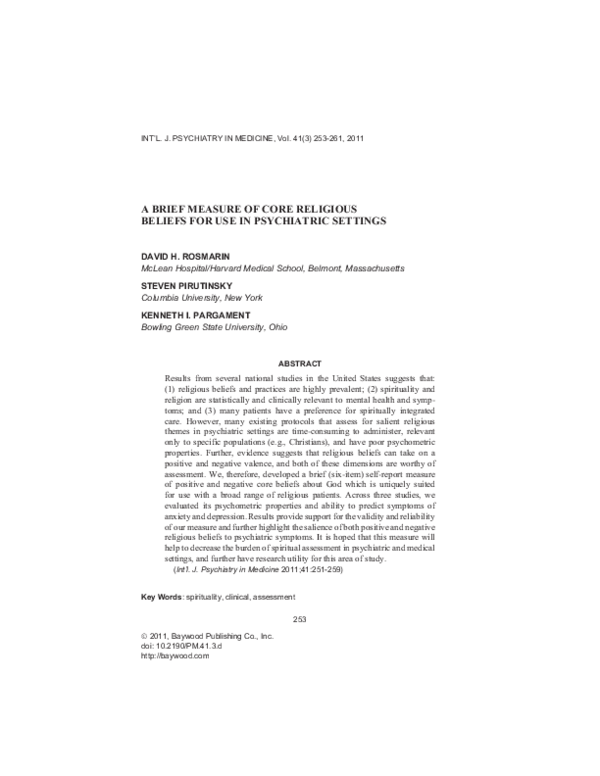(PDF) A Brief Measure of Core Religious Beliefs for Use in Psychiatric ...
