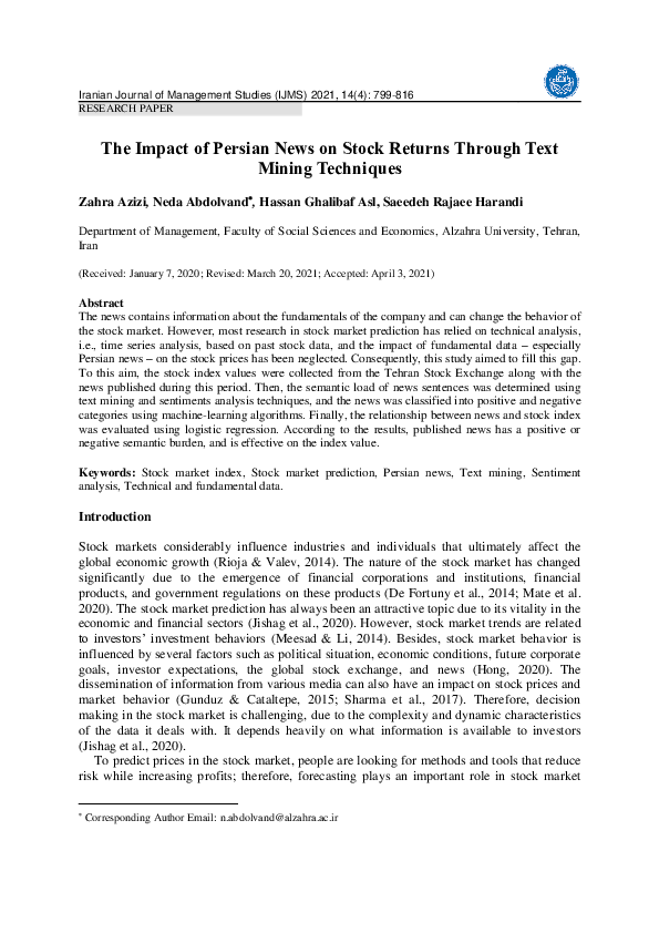 (PDF) The Impact of Persian News on Stock Returns Through Text Mining Techniques