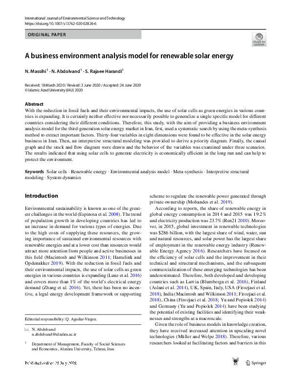 (PDF) A business environment analysis model for renewable solar energy
