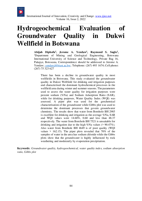 (PDF) Hydrogeochemical Evaluation of Groundwater Quality in Dukwi Wellfield in Botswana
