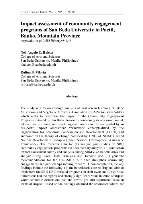 (PDF) Impact assessment of Community Engagement Programs of San Beda ...