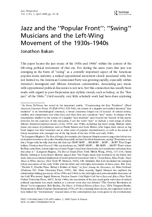 (PDF) Jazz and the “Popular Front”: “Swing” Musicians and the Left‐Wing ...