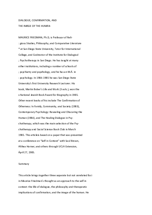 (PDF) DIALOGUE, CONFIRMATION, AND THE IMAGE OF THE HUMAN