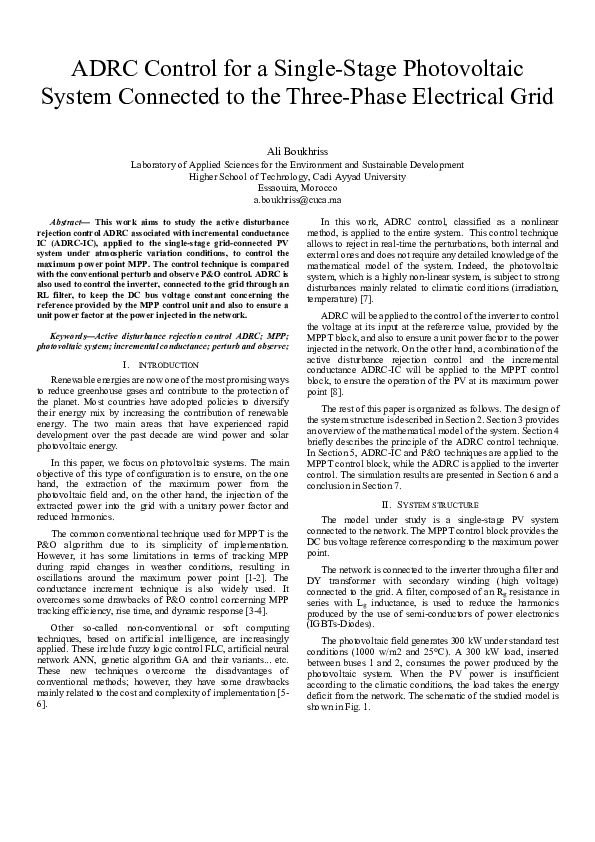 (PDF) ADRC Control for a Single-Stage Photovoltaic System Connected to the Three-Phase ...