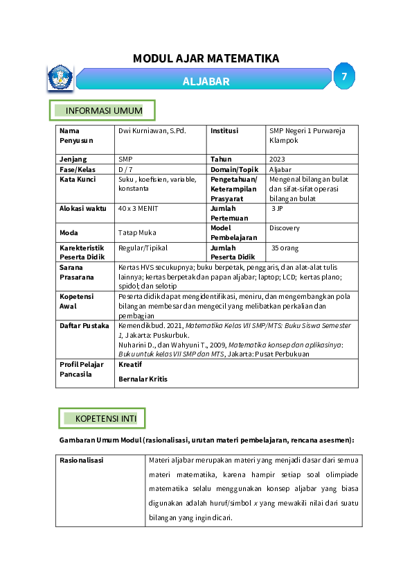 (DOC) MODUL AJAR MATEMATIKA ALJABAR