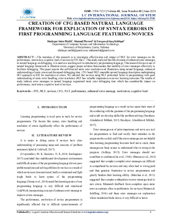 (PDF) Creation of CFG Based Natural Language Framework for Explication of Syntax Errors in First ...