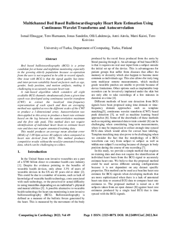 (PDF) Multichannel Bed Based Ballistocardiography Heart Rate Estimation using Continuous Wavelet ...