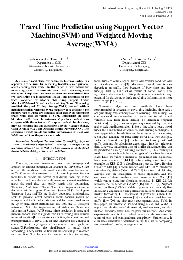 (PDF) Travel Time Prediction using Support Vector Machine(SVM) and Weighted Moving Average(WMA)