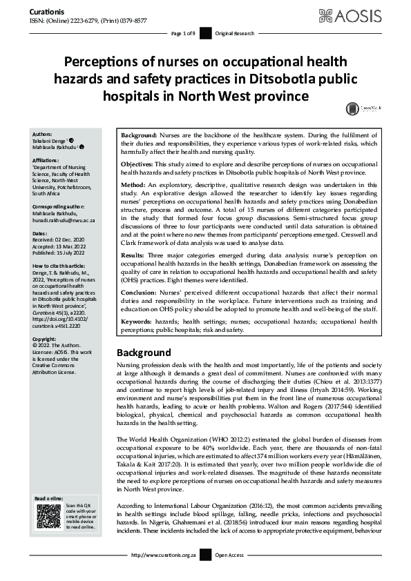 (PDF) Perceptions of nurses on occupational health hazards and safety practices in Ditsobotla ...