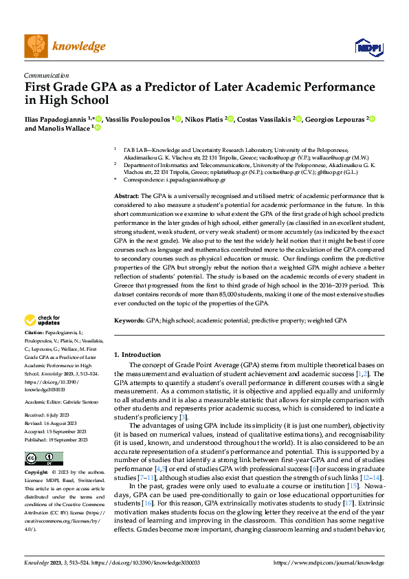 (PDF) First Grade GPA as a Predictor of Later Academic Performance in ...