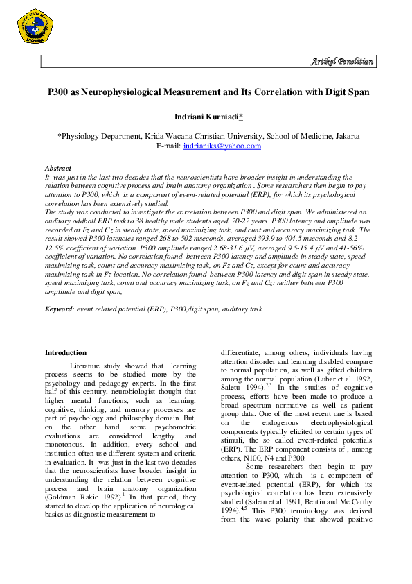 Pdf P300 As Neurophysiological Measurement And Its Correlation With Digit Span