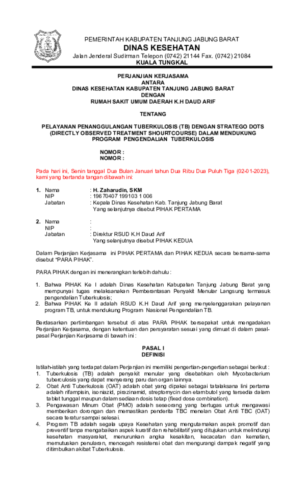 (DOC) MOU Dinas Kesehatan dan Rumah Sakit Tentang Pelayanan TB DOTS