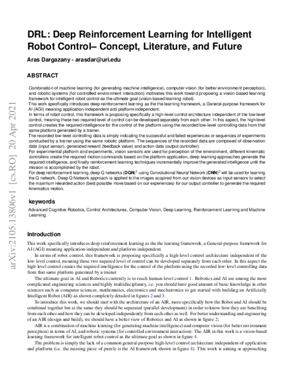 Pdf Drl Deep Reinforcement Learning For Intelligent Robot Control