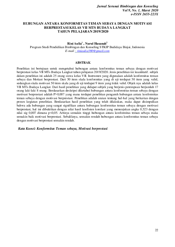 (PDF) Hubungan Antara Konformitas Teman Sebaya Dengan Motivasi Berprestasi Kelas VII MTS Budaya ...