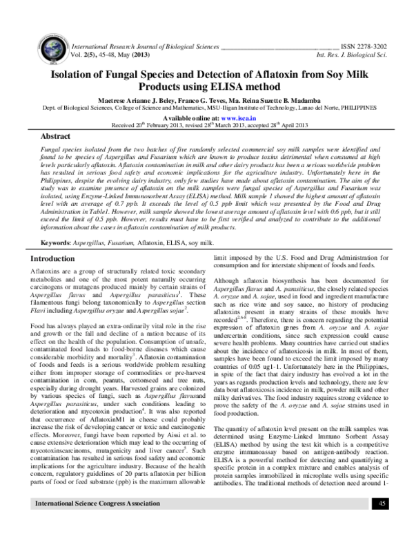 (PDF) Isolation of Fungal Species and Detection of Aflatoxin from Soy Milk Products using ELISA ...