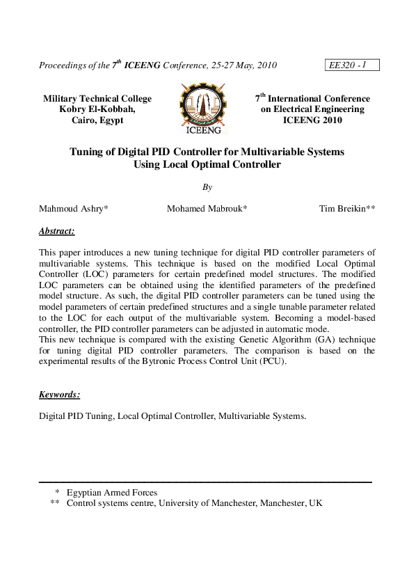 (PDF) Tuning of Digital PID Controller for Multivariable Systems Using ...