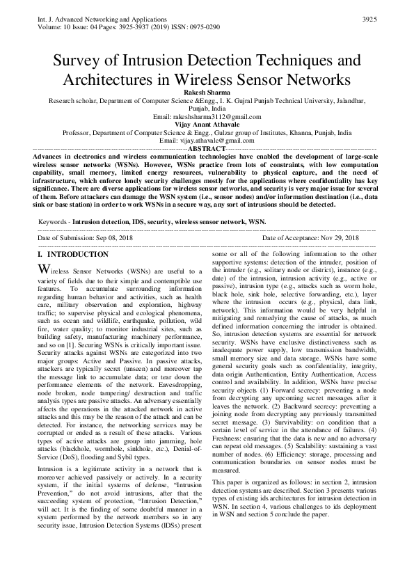 Pdf Survey Of Intrusion Detection Techniques And Architectures In Wireless Sensor Networks 9217