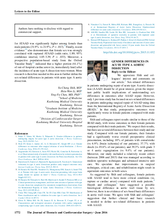 Pdf Gender Differences In Acute Type A Aortic Dissection Shuichiro