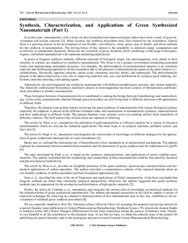 (PDF) Synthesis, Characterization, and Applications of Green Synthesized Nanomaterials (Part 1)