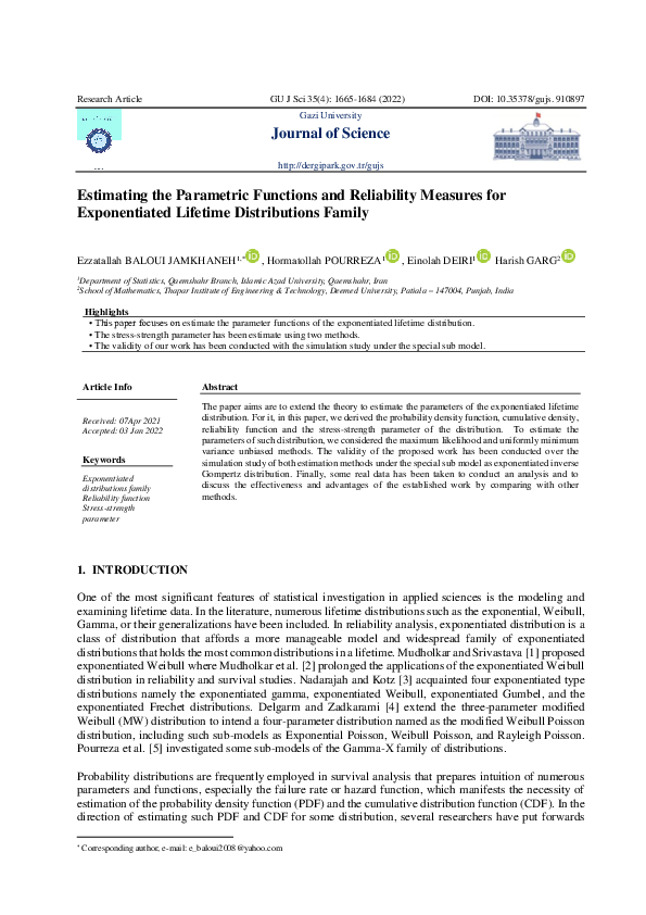 Pdf Estimating The Parametric Functions And Reliability Measures For Exponentiated Lifetime
