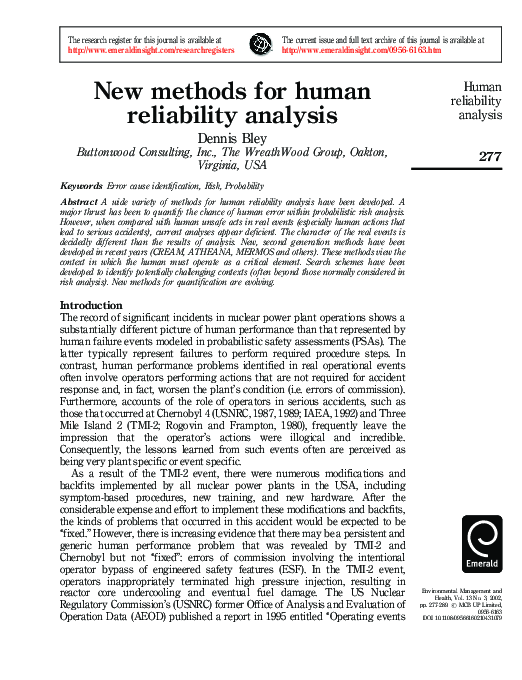 (PDF) New methods for human reliability analysis | Dennis Bley - Academia.edu