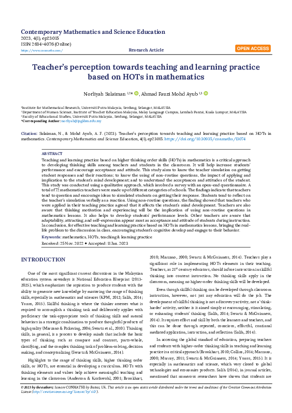 (PDF) Teacher’s perception towards teaching and learning practice based on HOTs in mathematics