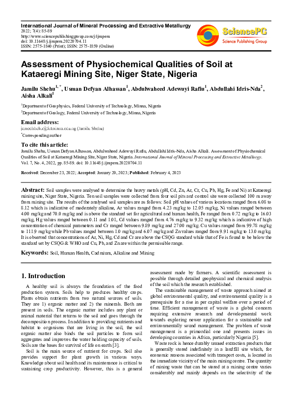 (PDF) Assessment of Physiochemical Qualities of Soil at Kataeregi Mining Site, Niger State, Nigeria