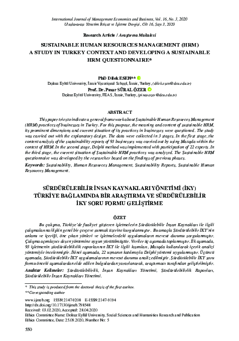 (PDF) Sustainable Human Resources Management (HRM) a Study in Turkey Context and Developing a ...