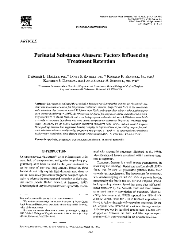 (PDF) Perinatal substance abusers: Factors influencing treatment retention