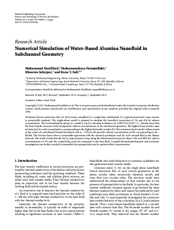 (PDF) Numerical Simulation of Water-Based Alumina Nanofluid in Subchannel Geometry