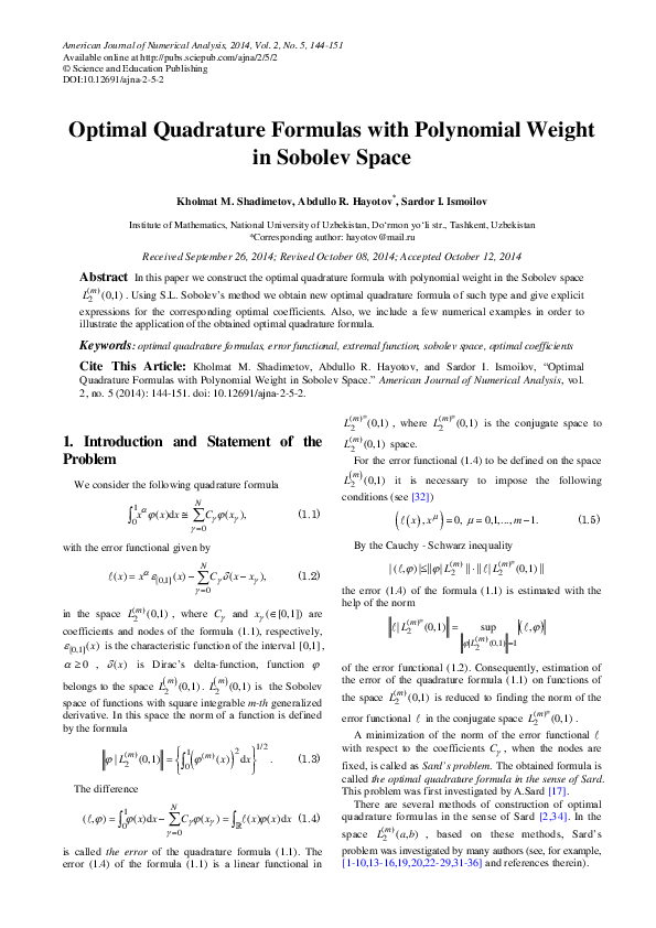 (PDF) Optimal quadrature formulas for Cauchy type singular integrals in Sobolev space