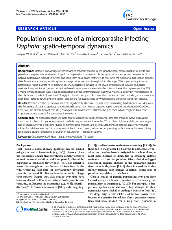 Pdf Population Structure Of A Microparasite Infecting Daphnia