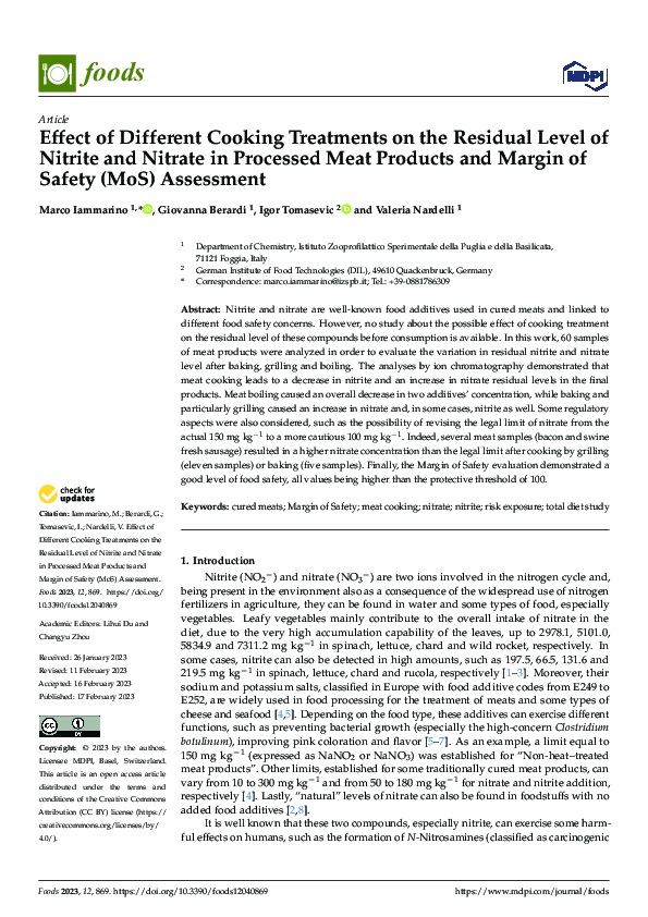 Pdf Effect Of Different Cooking Treatments On The Residual Level Of Nitrite And Nitrate In
