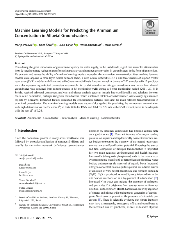 (PDF) Machine Learning Models for Predicting the Ammonium Concentration ...