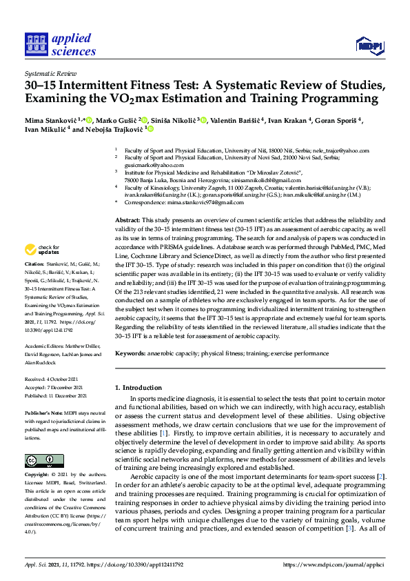 (PDF) 30–15 Intermittent Fitness Test: A Systematic Review of Studies ...