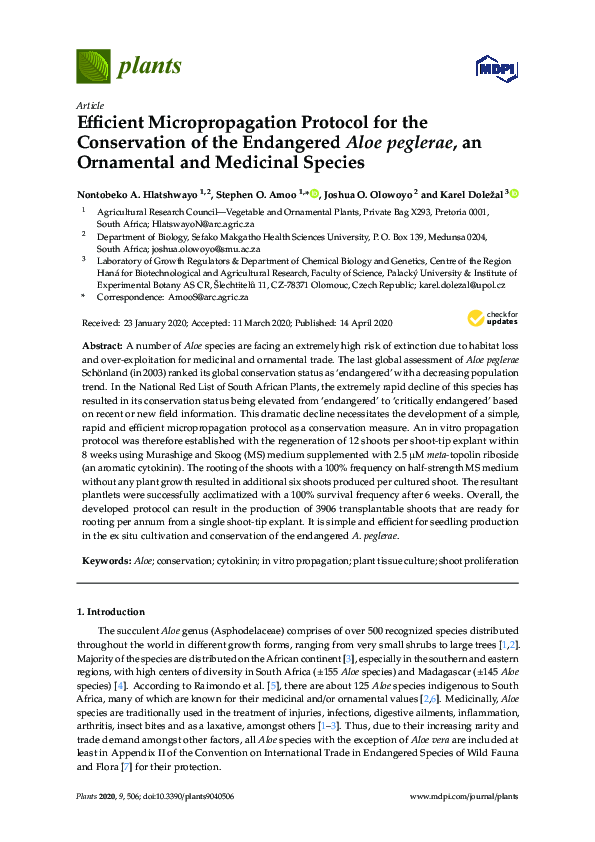 (PDF) Efficient Micropropagation Protocol for the Conservation of the Endangered Aloe peglerae ...
