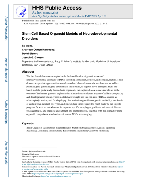 (PDF) Stem Cell–Based Organoid Models of Neurodevelopmental Disorders
