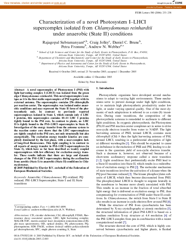 (PDF) Characterization of a novel Photosystem I-LHCI supercomplex isolated fromChlamydomonas ...