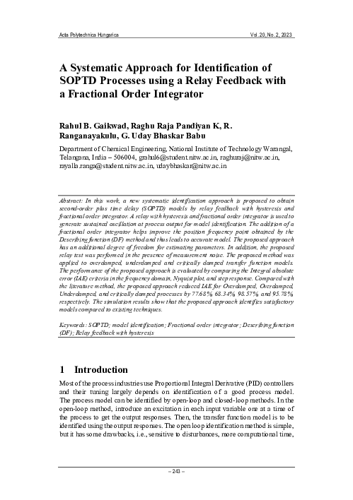 (PDF) A Systematic Approach for Identification of SOPTD Processes using a Relay Feedback with a ...