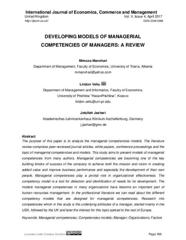 (PDF) Licensed under Creative Common DEVELOPING MODELS OF MANAGERIAL COMPETENCIES OF MANAGERS: A ...