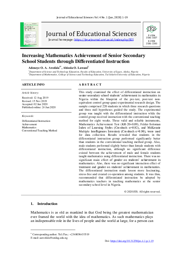 (PDF) Increasing Mathematics Achievement of Senior Secondary School Students through ...