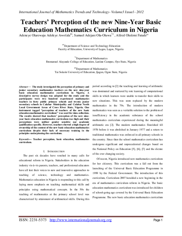 (PDF) Teachers’ Perception of the new Nine-Year Basic Education Mathematics Curriculum in Nigeria