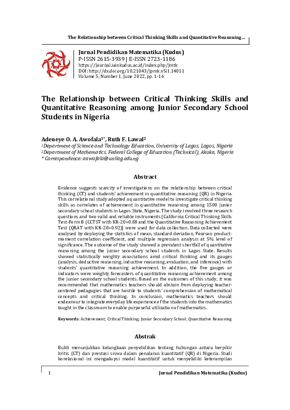 (PDF) The Relationship between Critical Thinking Skills and Quantitative Reasoning among Junior ...