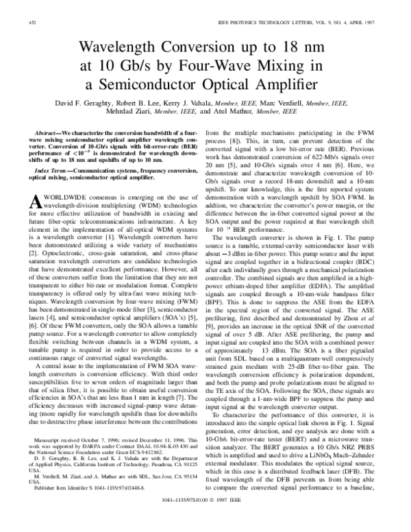 (PDF) Wavelength conversion up to 18 nm at 10 Gb/s by four-wave mixing in a semiconductor ...