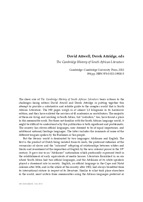 (PDF) David Attwell, Derek Attridge, eds The Cambridge History of South ...