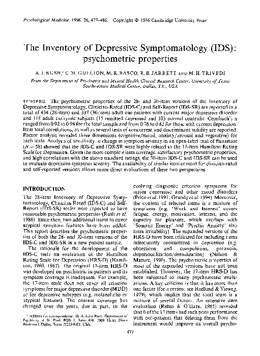 (PDF) The Inventory of Depressive Symptomatology (IDS): psychometric ...