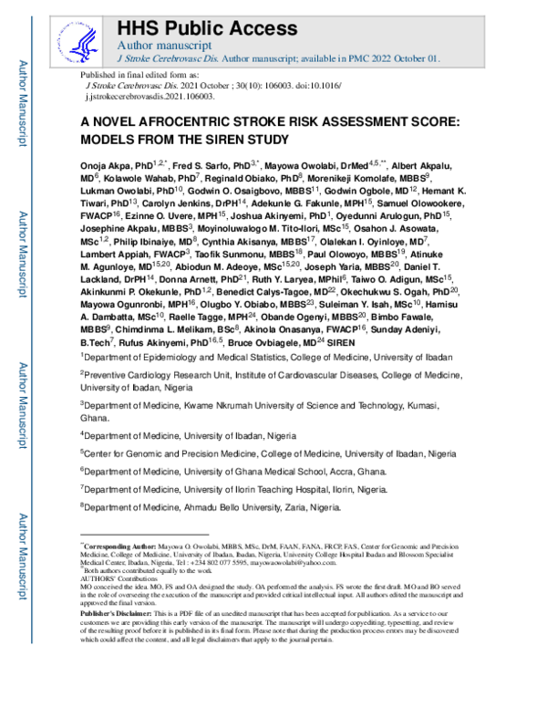 (PDF) A Novel Afrocentric Stroke Risk Assessment Score: Models from the ...