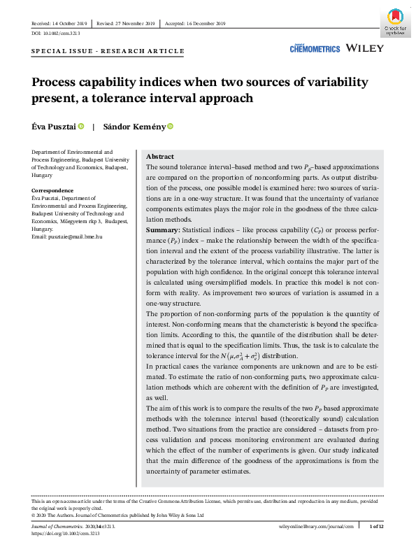 (PDF) Process capability indices when two sources of variability present, a tolerance interval ...